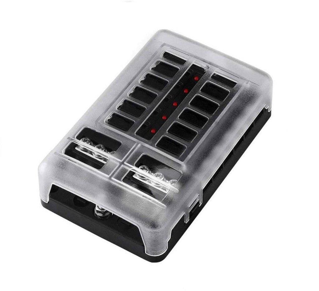 12 Way LED Fuse box with twin positive bus bars + negative bus bar ...
